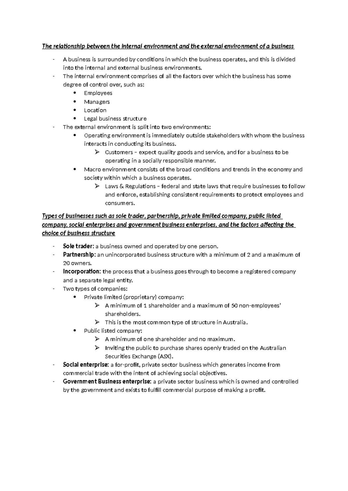 Year 11 Business Management Unit 1 Exam Revision Sheet - Year 11 ...