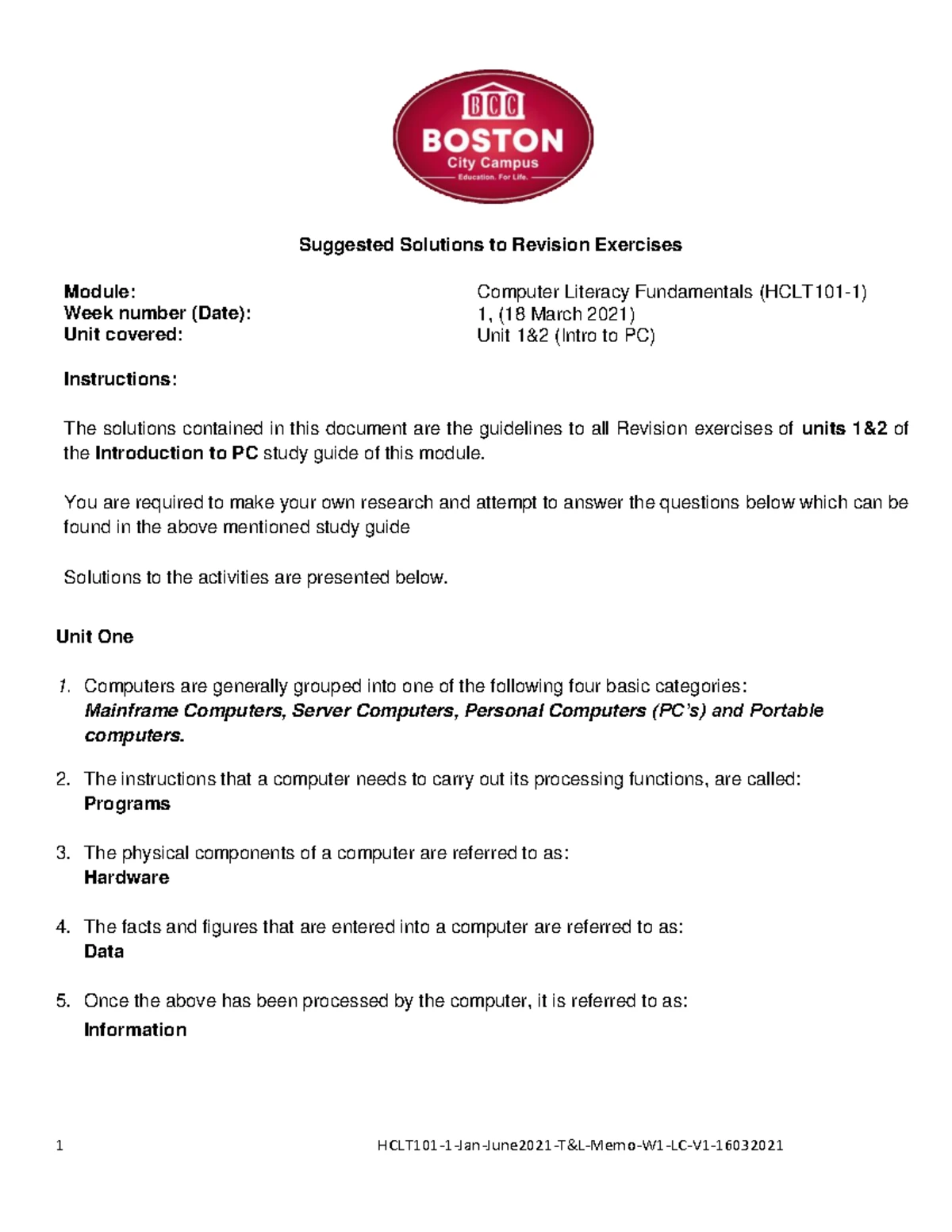 HCLT101 1 Jan June2023 SA1 Exam Revision V2 16052023 - Module: Computer ...