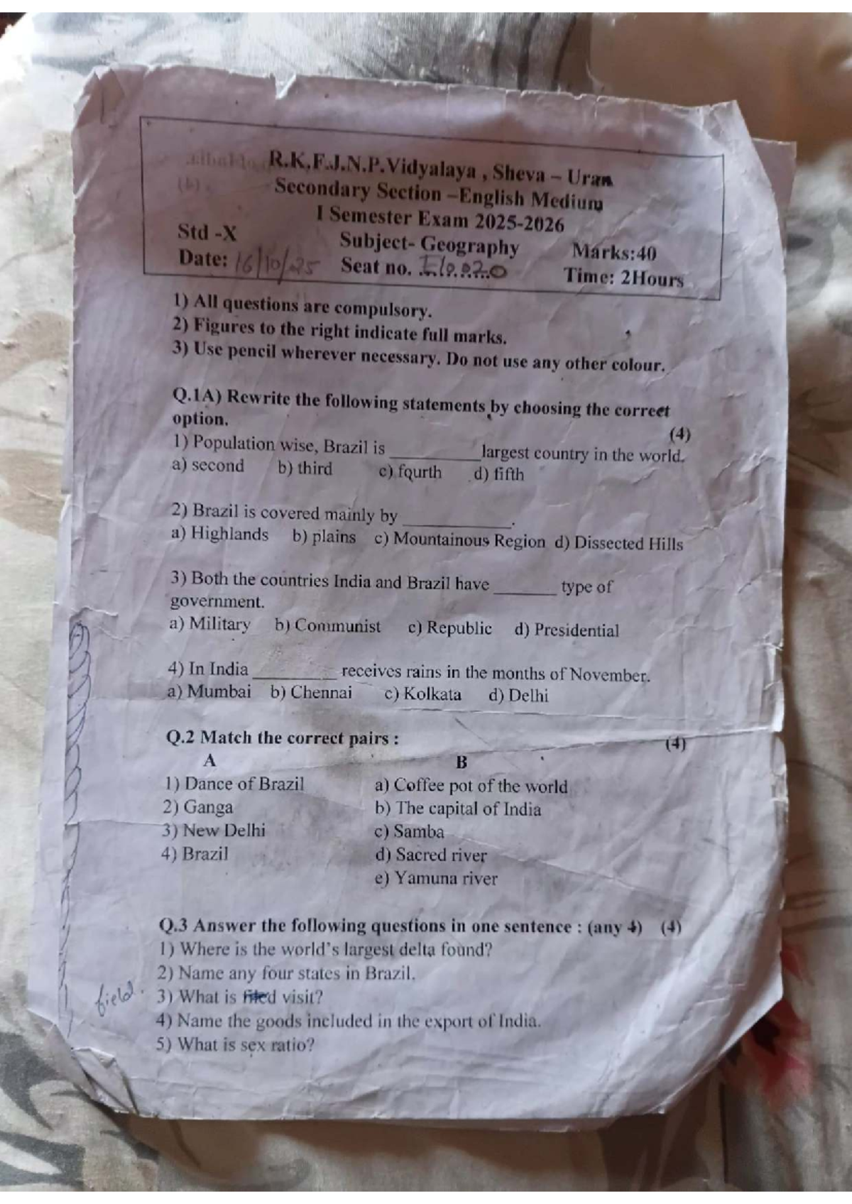 Class 10 Geography I Semester Exam Paper 2025 - Studocu