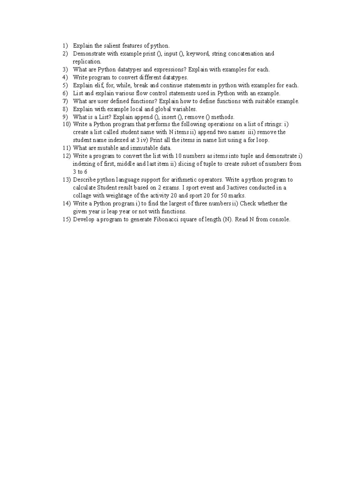 Python Programming Important Questions For Exam Preparation Studocu