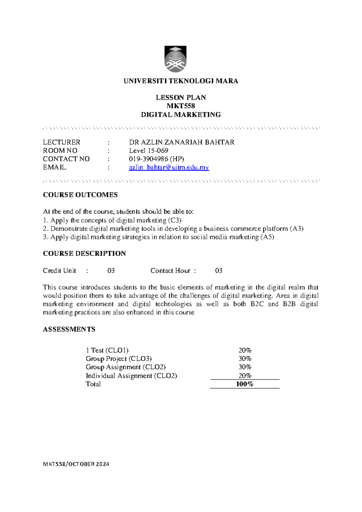 MKT558 Digital Marketing Lesson Plan - March 2025 - Studocu