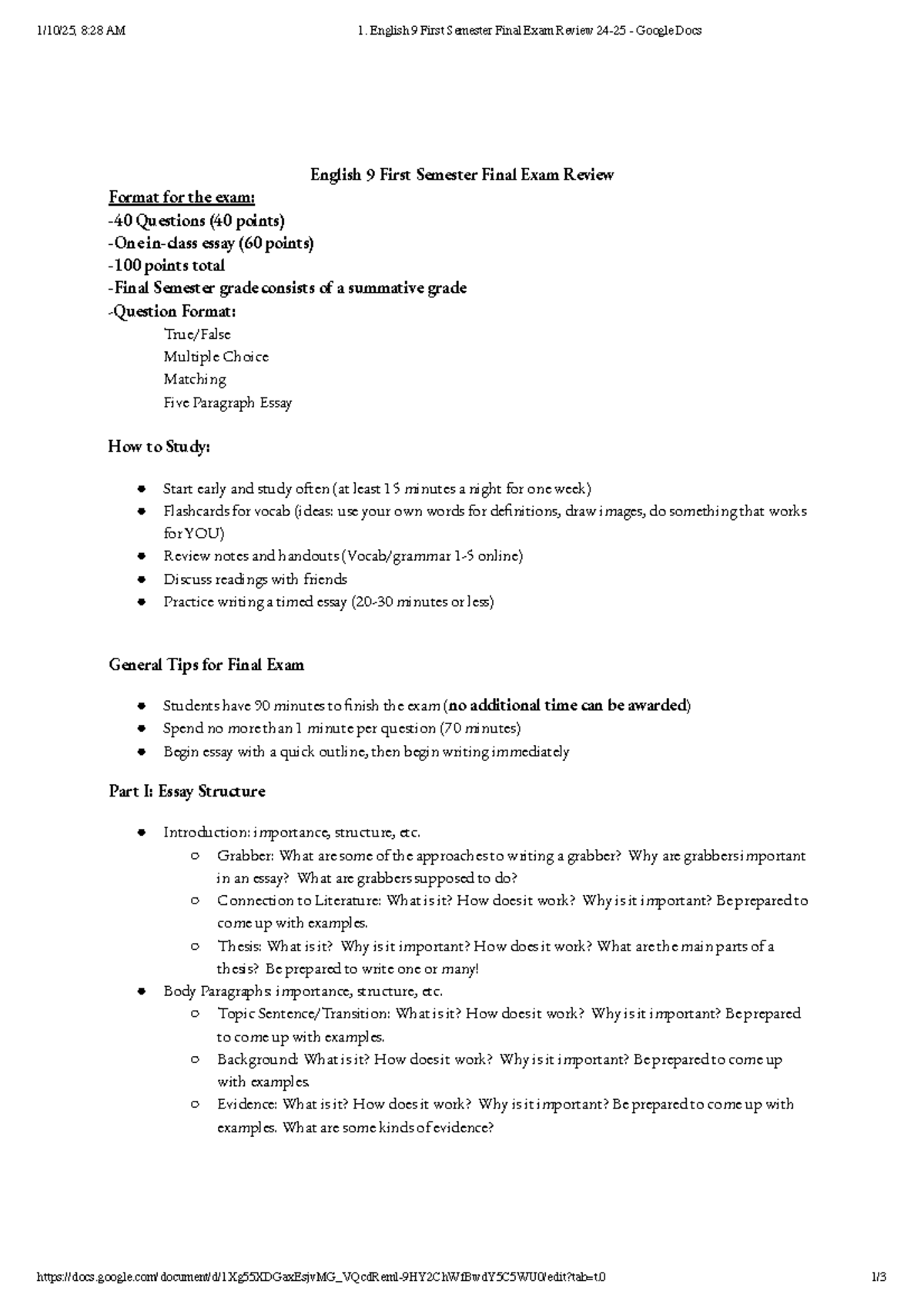 1. English 9 First Semester Final Exam Review 24-25 - Google Docs copy ...