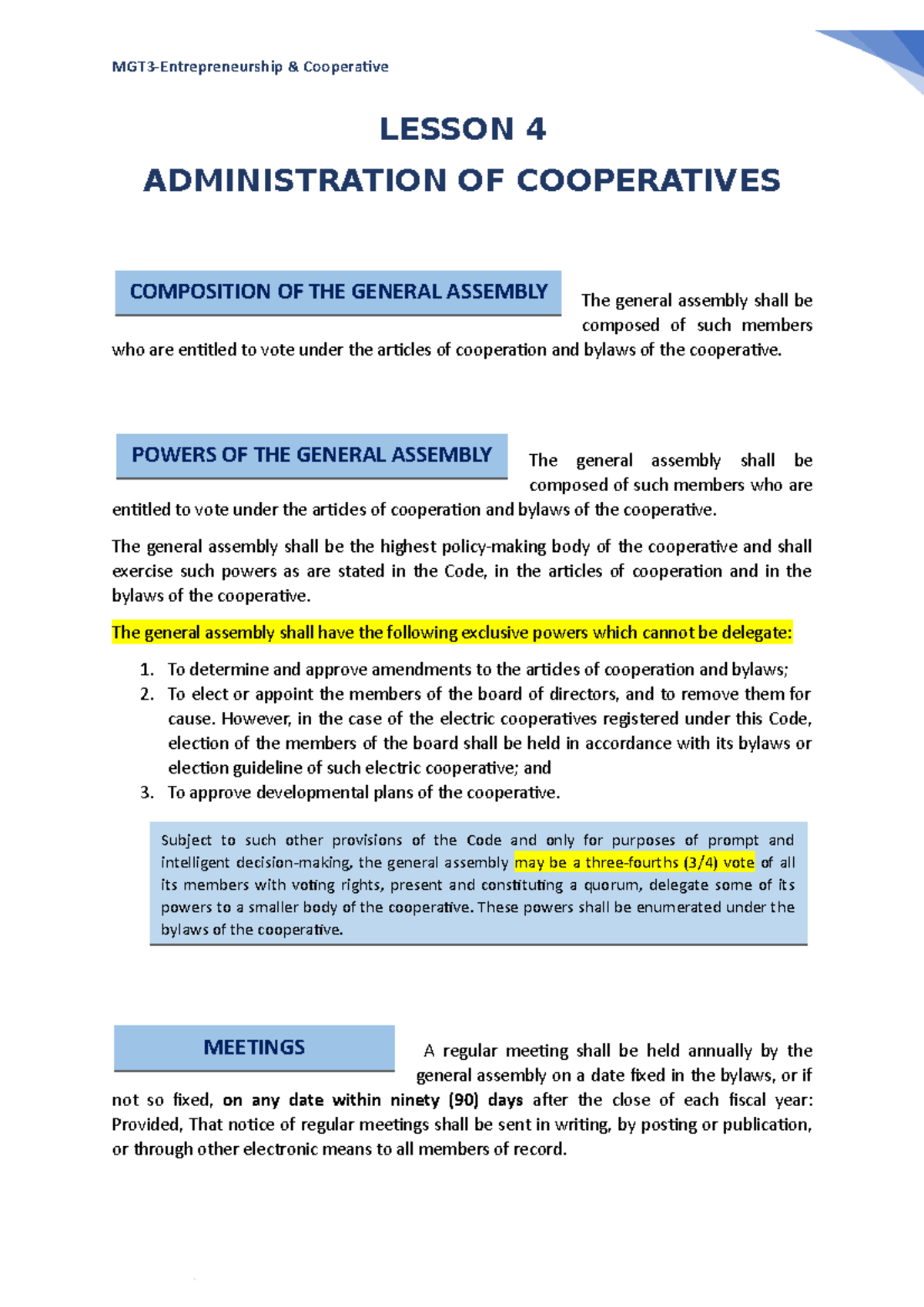 Cooperative Administration - Lesson 4 Overview and Key Concepts - Studocu