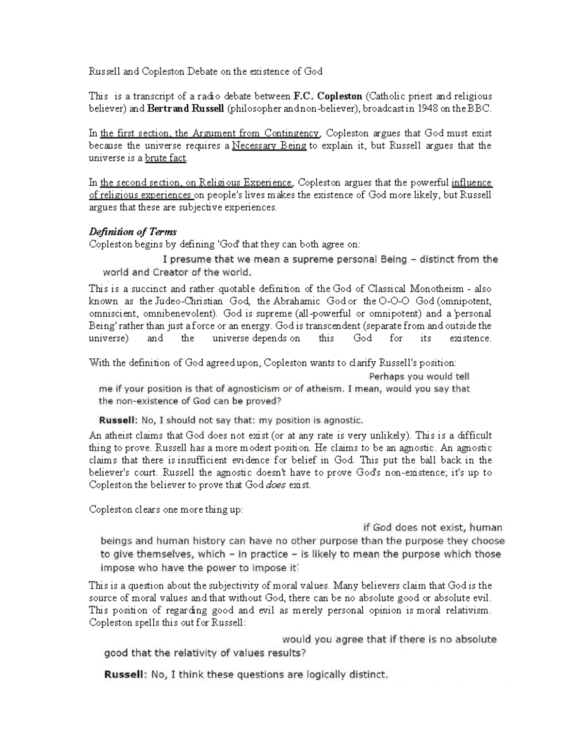 Russell vs. Copleston: The 1948 Debate on God's Existence - Studocu