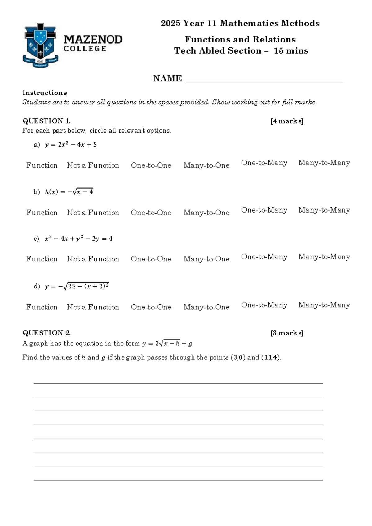 2025 Y11 Mathematics Methods Functions & Relations Test - Studocu