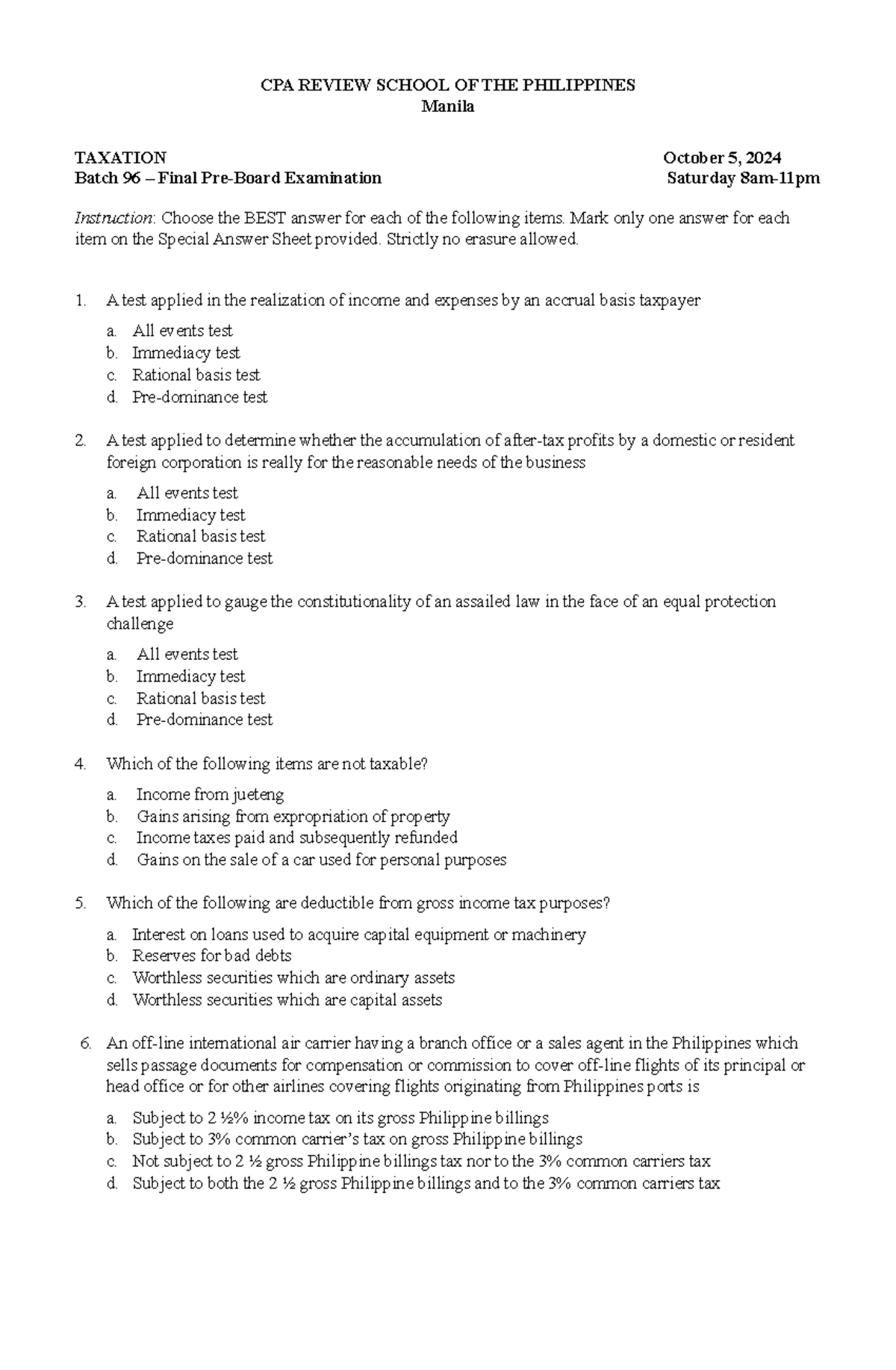 CPAR 96 OCT 2024 TAX Final Pre-Board Examination Review Guide - Studocu