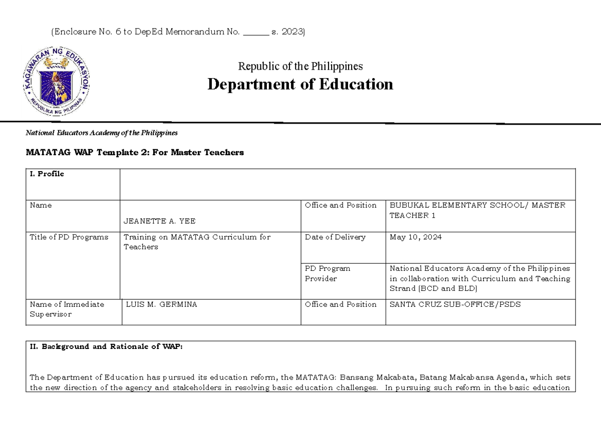 MATATAG WAP Template 2 for Master Teachers - Session 15, 2024 - Studocu