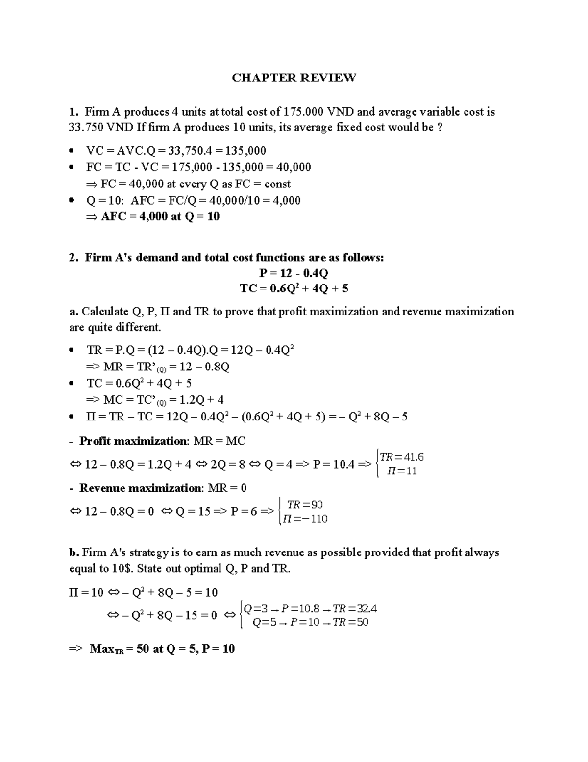Chapter 5 Review: Profit & Revenue Maximization Analysis - Studocu