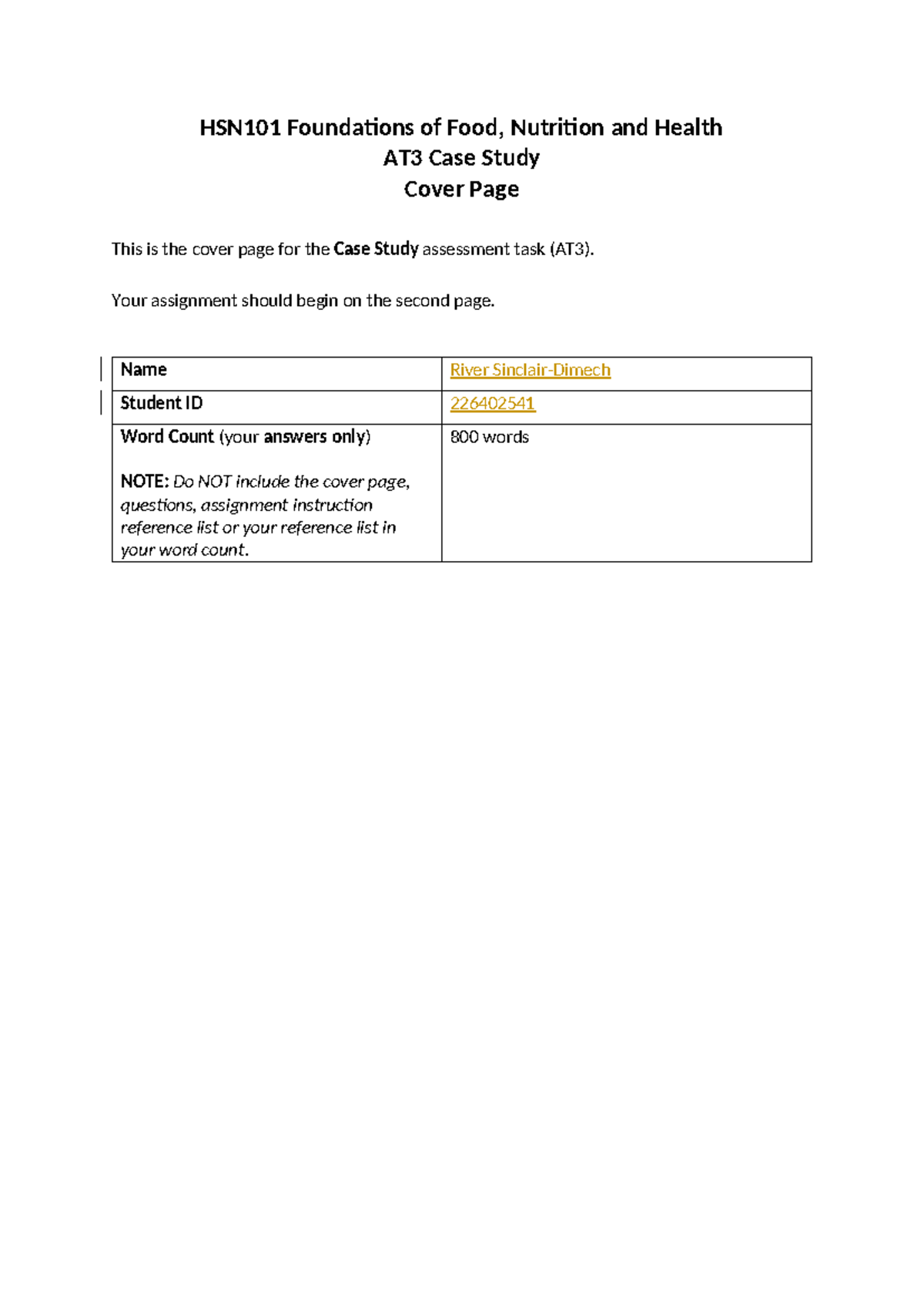 HSN101 2026 T1 AT3 Case Study: Food, Nutrition & Health Analysis - Studocu