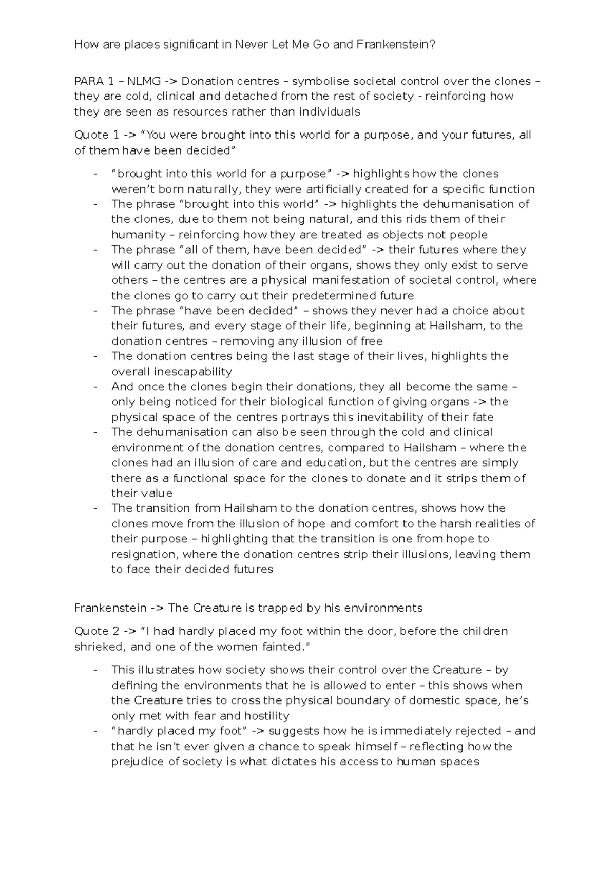 Significant Places in NLMG & Frankenstein: An Essay Plan - Studocu