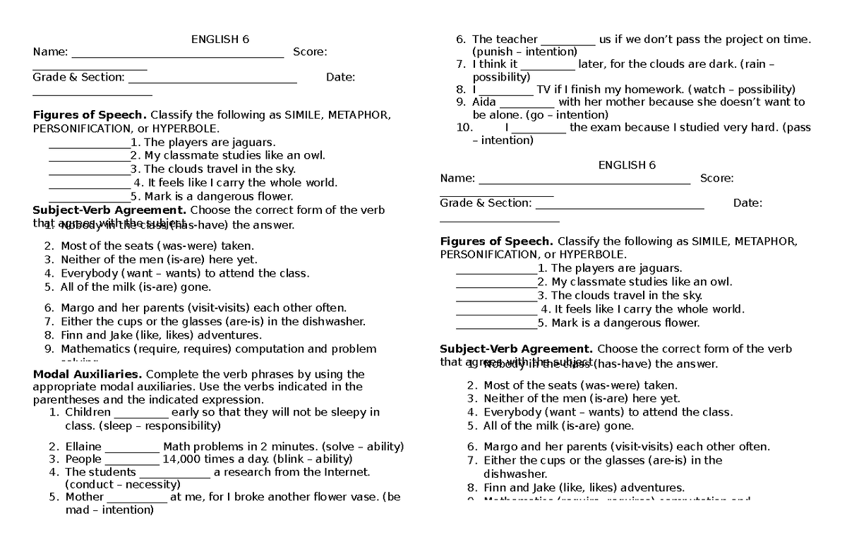 QUIZ ENGLISH 6: Figures of Speech & Subject-Verb Agreement - Studocu