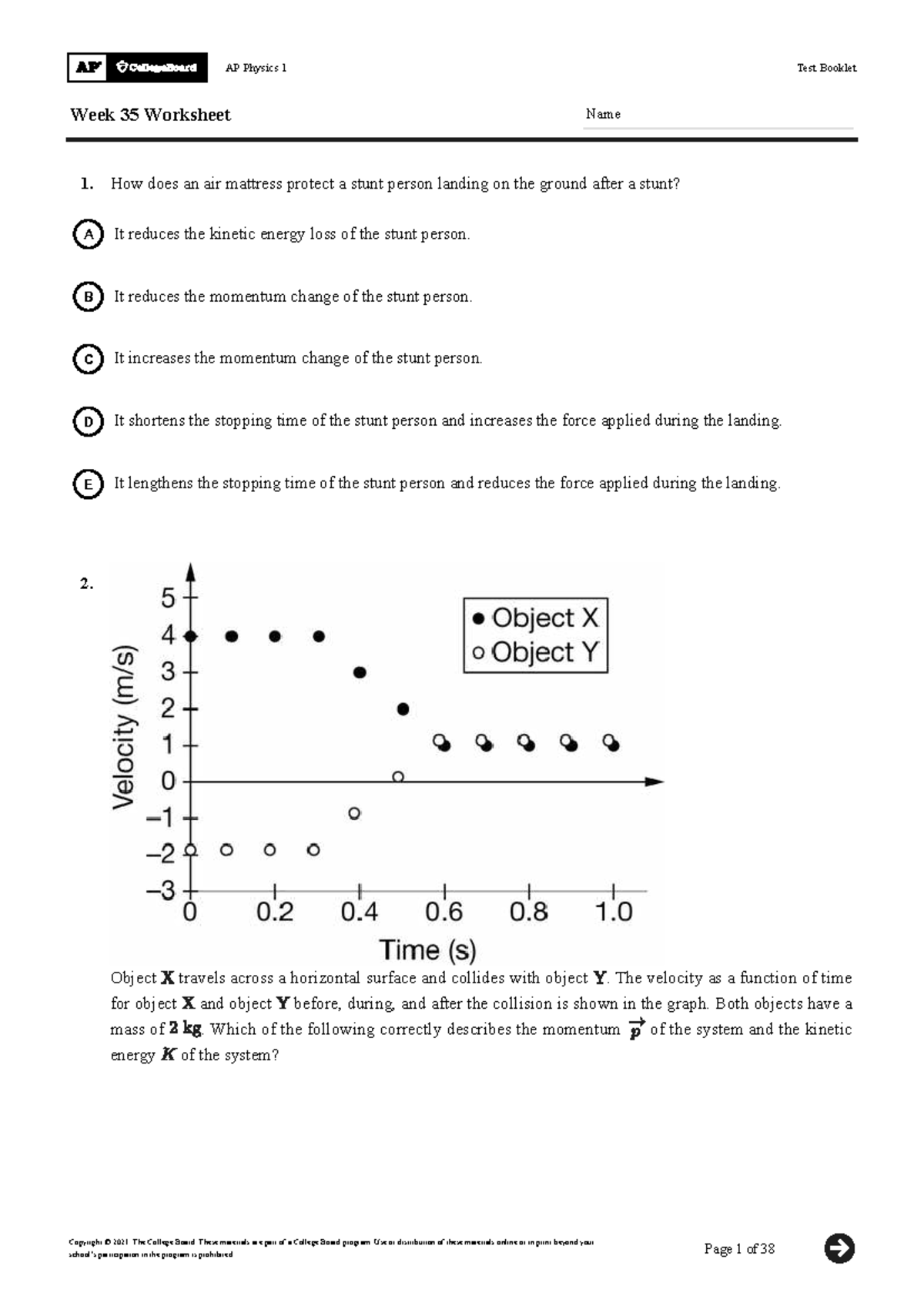 AP Physics 1 Week 35 Worksheet: Momentum and Energy Concepts - Studocu