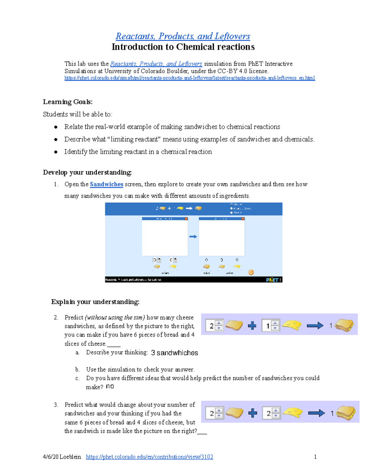 PhET Lab - Reactants, Products & Leftovers Student Guide (Chem 101 ...