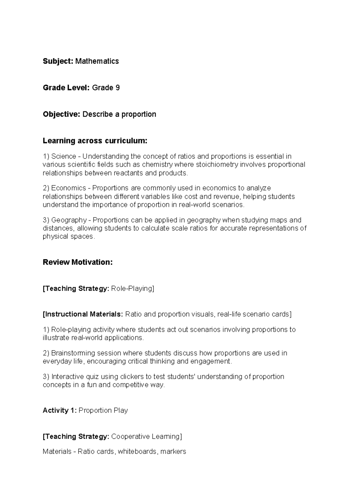 Mathematics Lesson Plan for Grade 9: Exploring Proportions and ...
