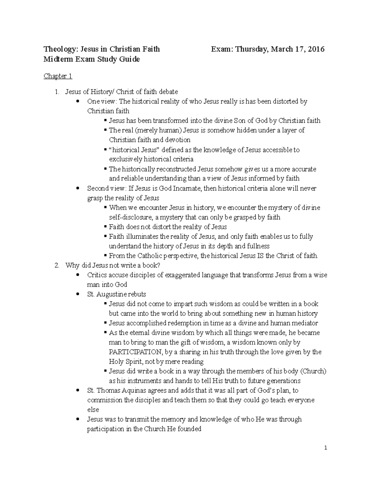 Jesus in Christian Faith THL 101 Midterm Exam Study Guide - Studocu