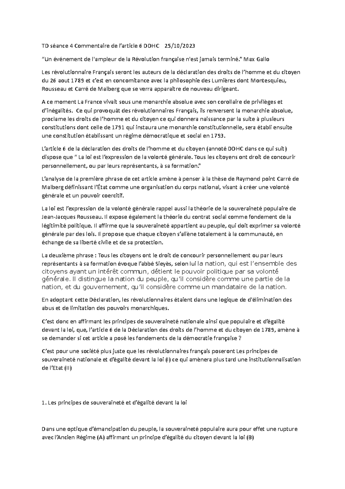 TD 4 commentaire article 6 DDHC 1789 - TD séance 4 Commentaire de l ...