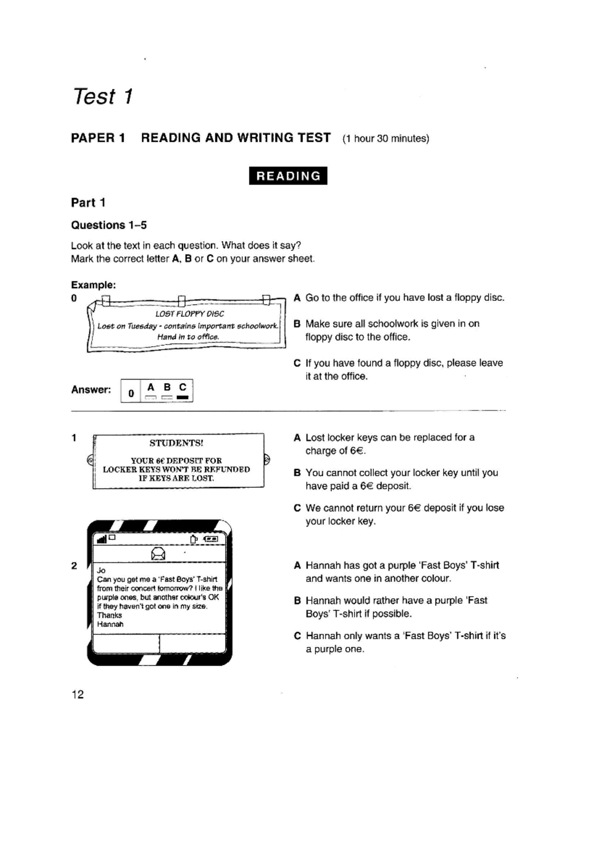 Test 1 - reading - Test 1 PAPER 1 READING AND WRITING TEST (1 hour 30 ...