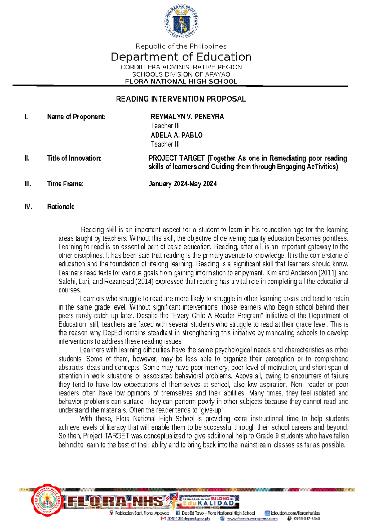 Proposal Reading Target - Department of Education CORDILLERA ...