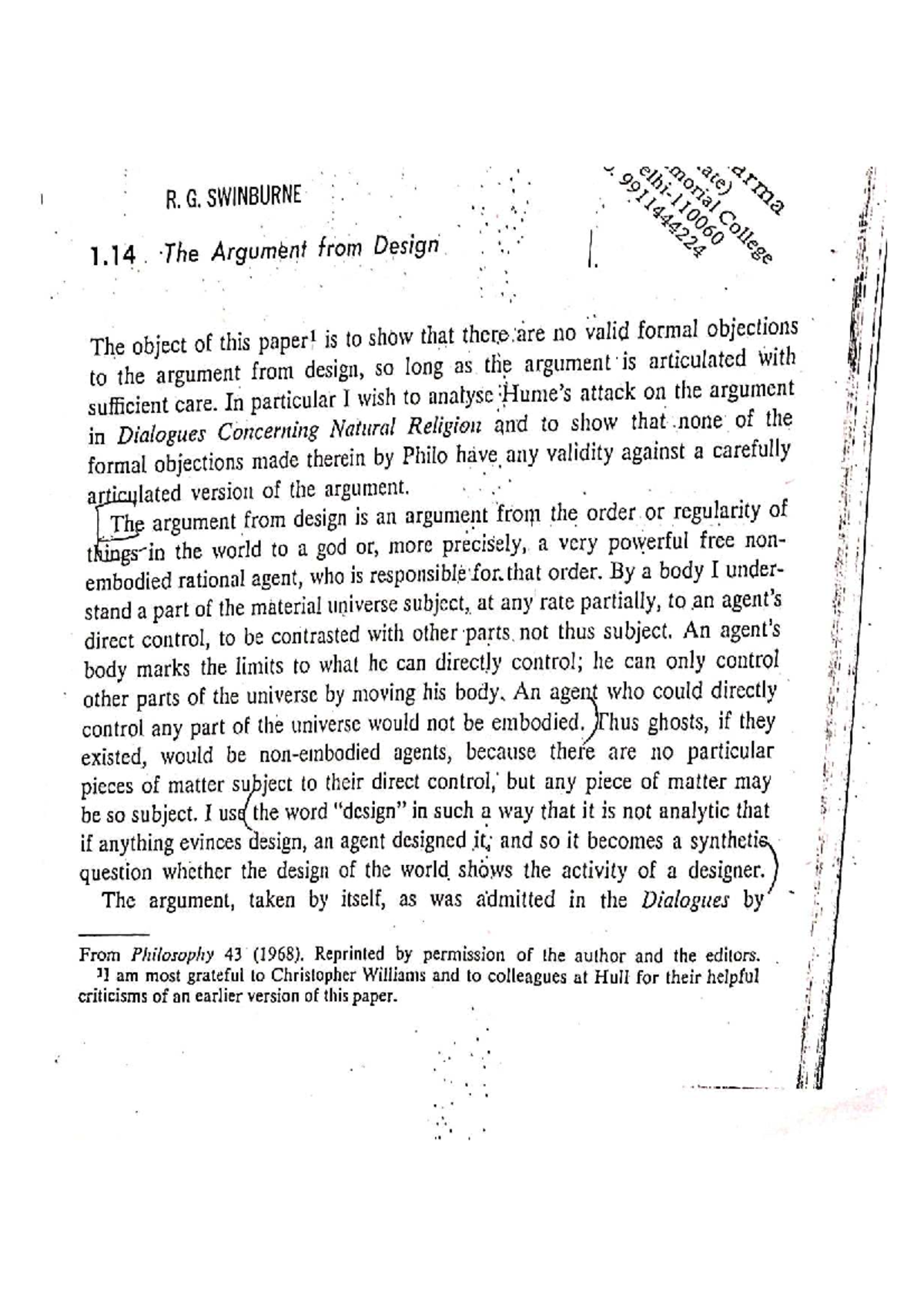 R.G. SWINBURNE: The Argument from Design - A Teleological Analysis ...