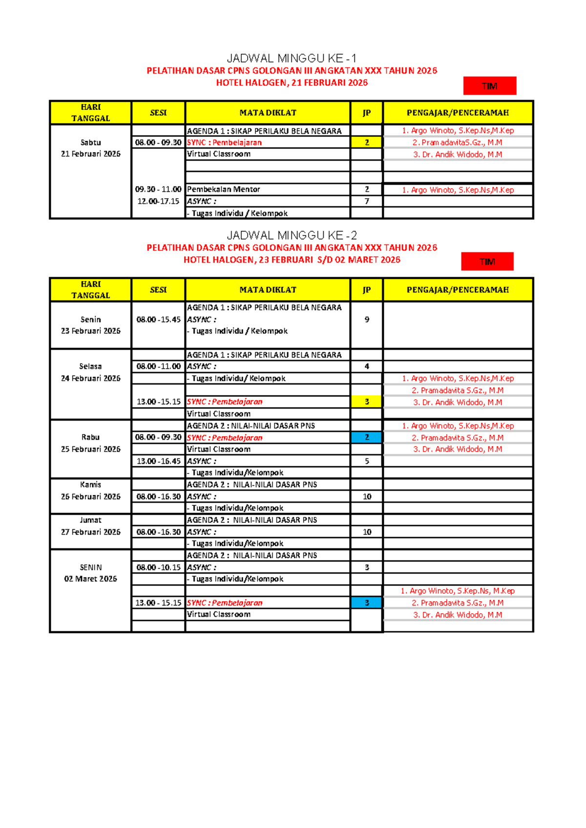 JADWAL PELATIHAN DASAR CPNS GOL III ANGKATAN 2026 HOTEL HALOGEN - Studocu