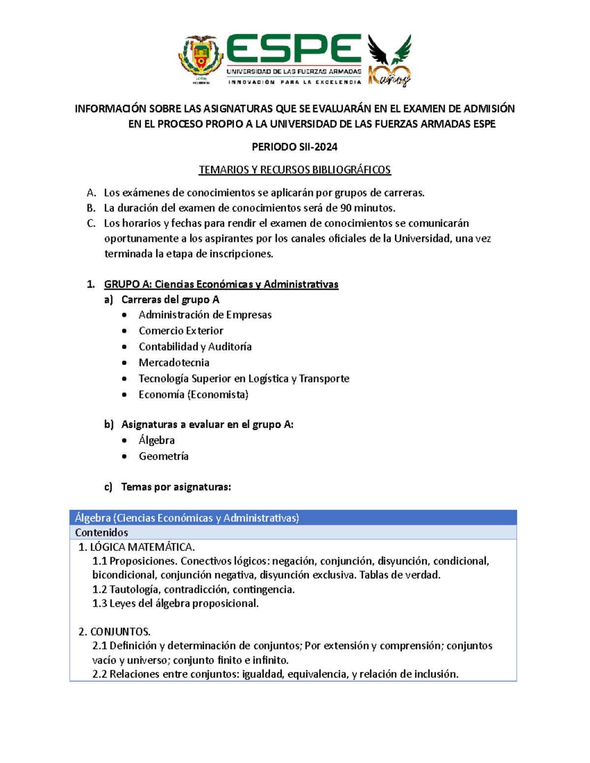 Temario y Bibliografía para Exámenes de Admisión ESPE SII-2024 - Studocu