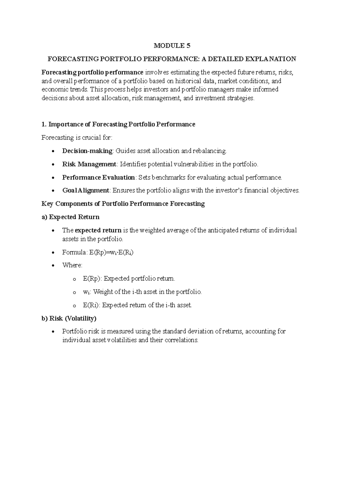 Module 5 - Good - MODULE 5 FORECASTING PORTFOLIO PERFORMANCE: A ...