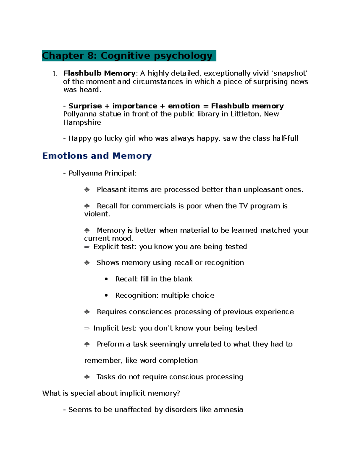 Chapter 8 psychology - PSYC 101 - Chapter 8: Cognitive psychology 1 ...