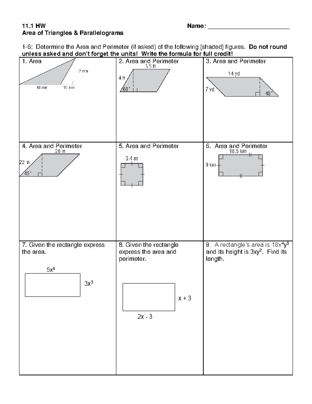 11.1 HW: Area & Perimeter of Triangles & Parallelograms - Studocu