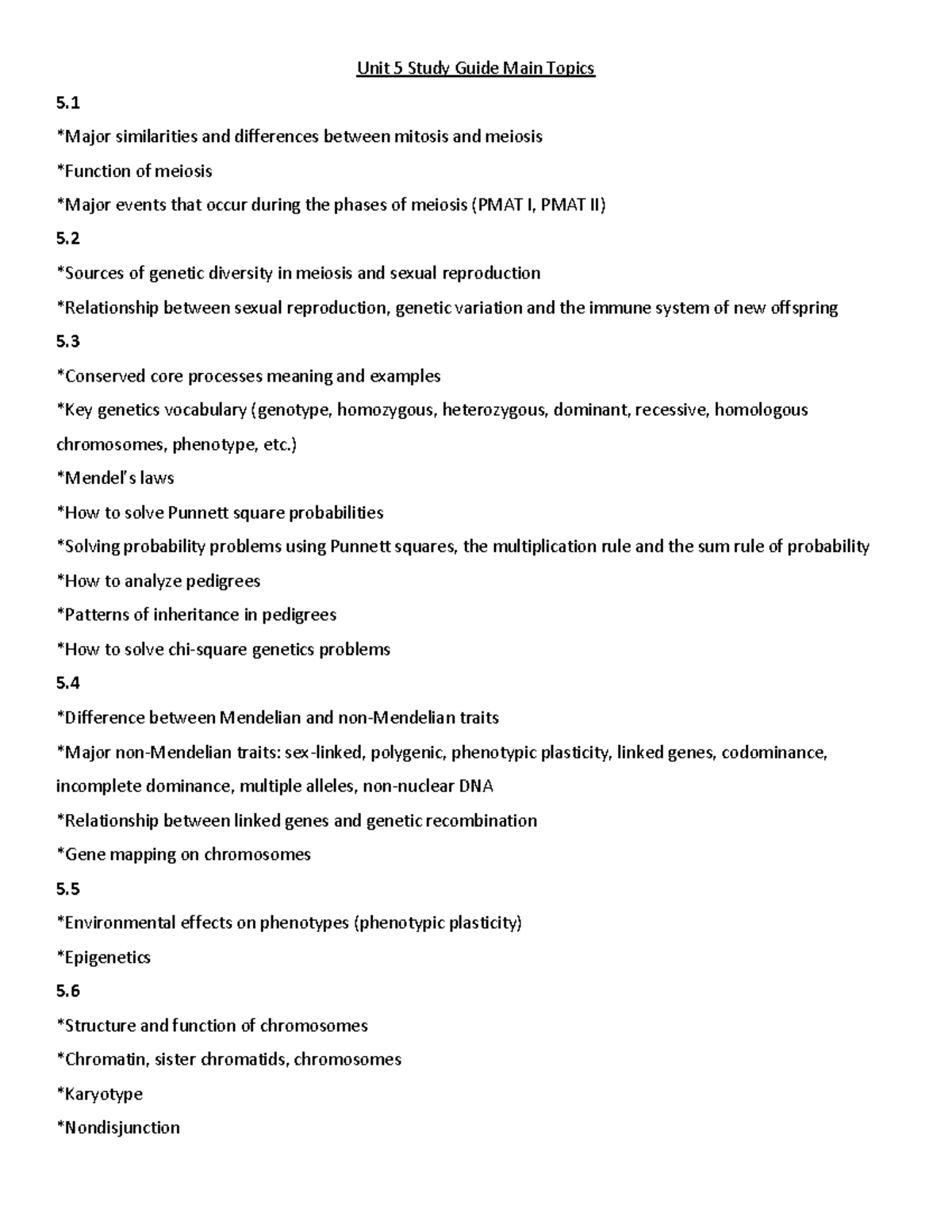Genetics Unit 5 Study Guide: Mitosis, Meiosis & Inheritance Concepts ...