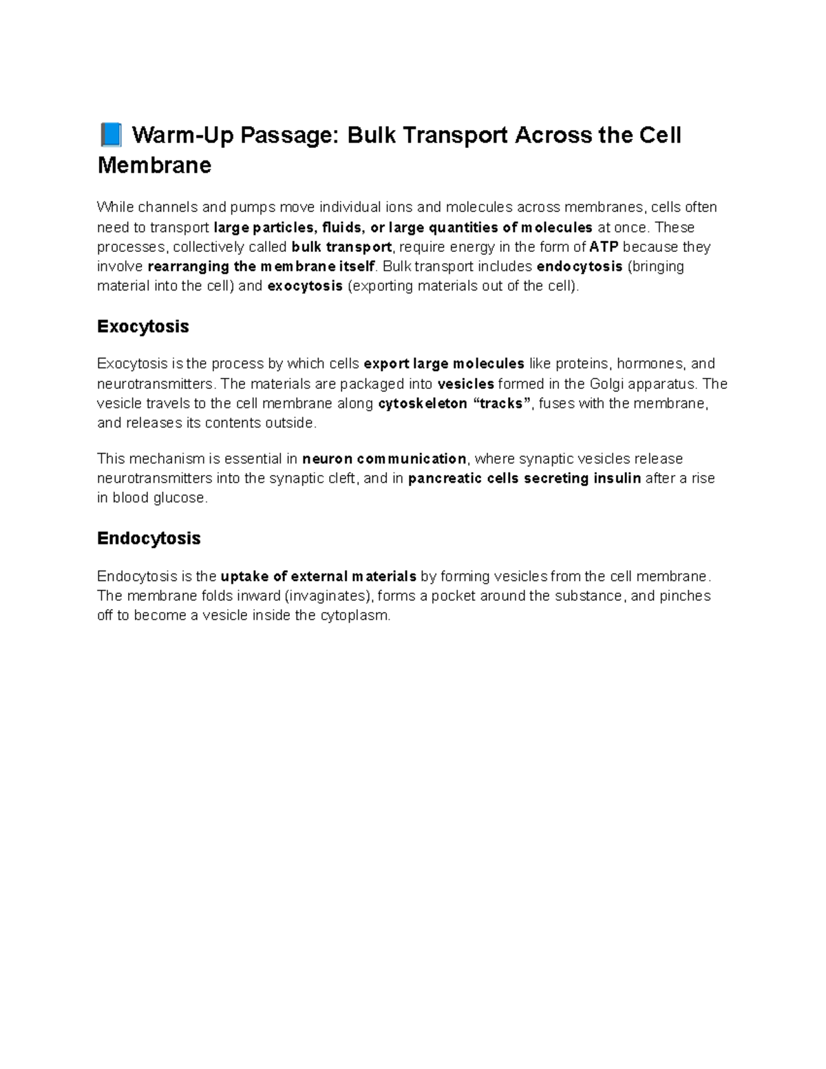 📘 Passage Comprehension: Bulk Transport Across Cell Membrane - Studocu