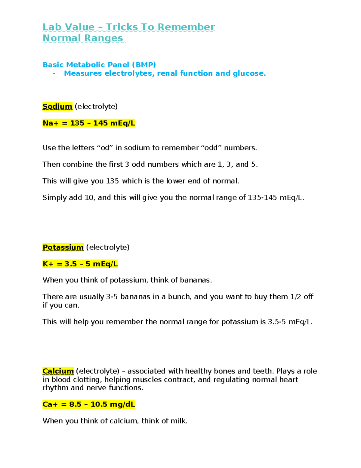 BMP Lab Values - basic metabolic panel - Normal Ranges Basic Metabolic ...