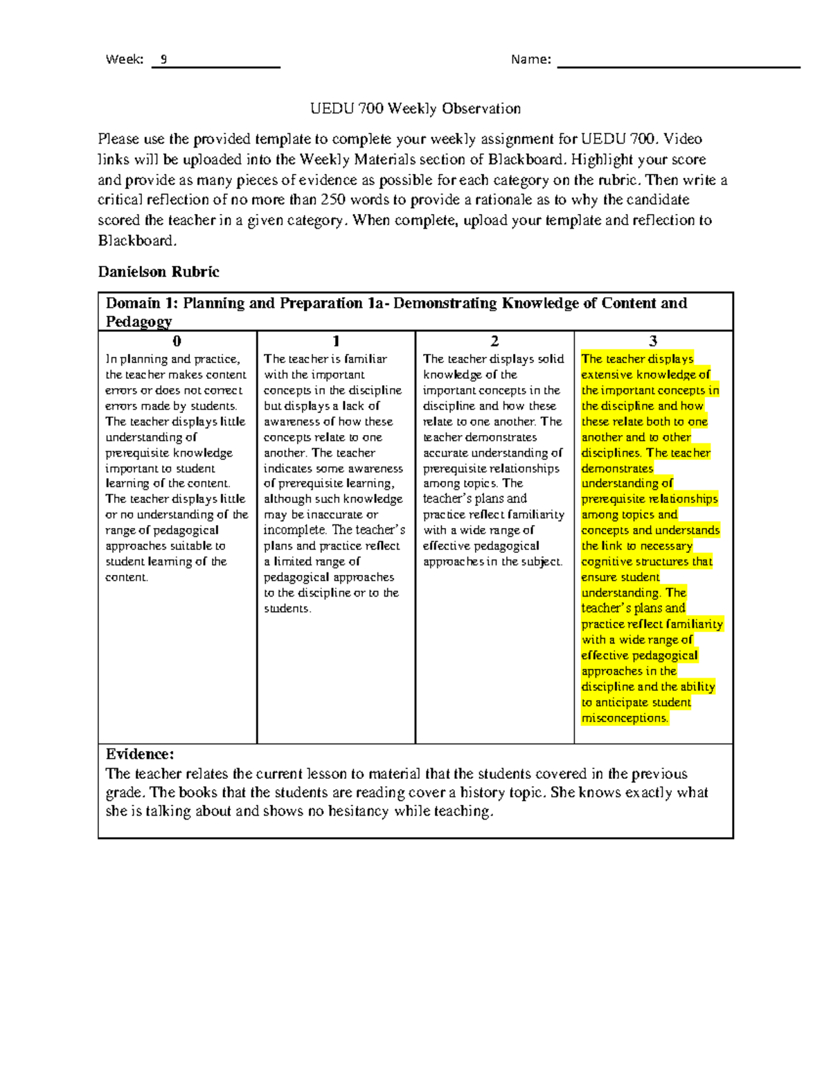 Week 9 Observation - Flora Jenkins - Week: 9 Name: UEDU 700 Weekly ...