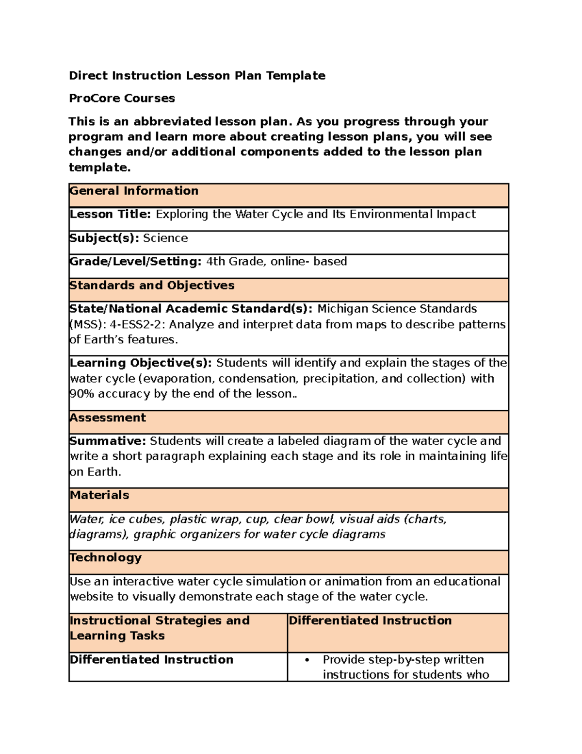 Exploring the Water Cycle: Lesson Plan D658 - ProCore Courses - Studocu