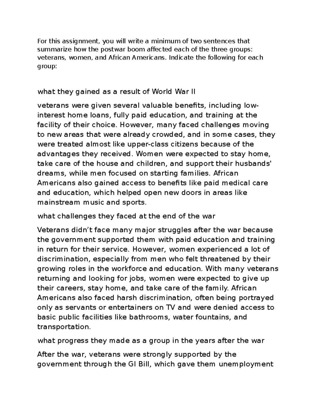 HW - Postwar Boom Impact on Veterans, Women, and African Americans ...