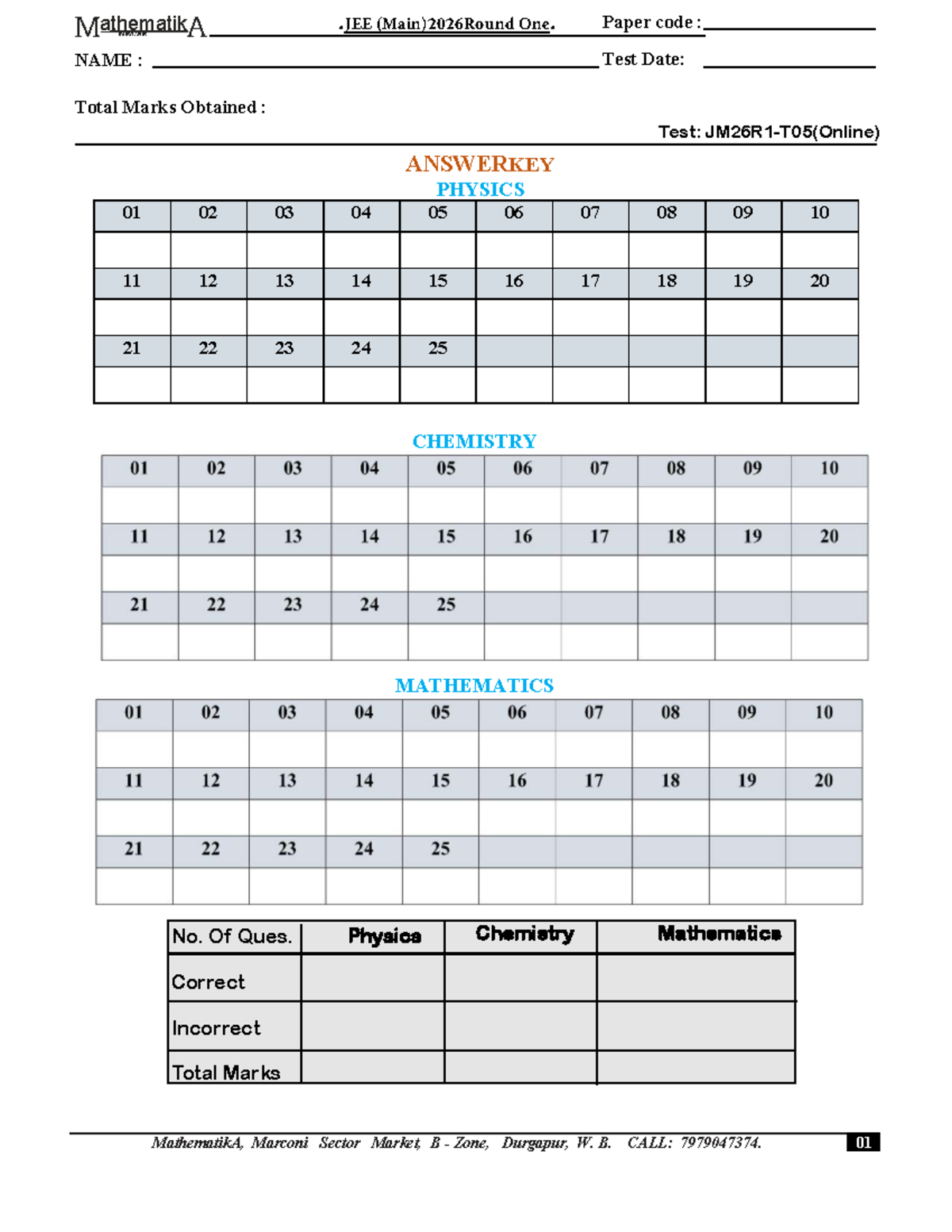 MathematikA Durgapur: 75-PCM Test Answer Key - Studocu