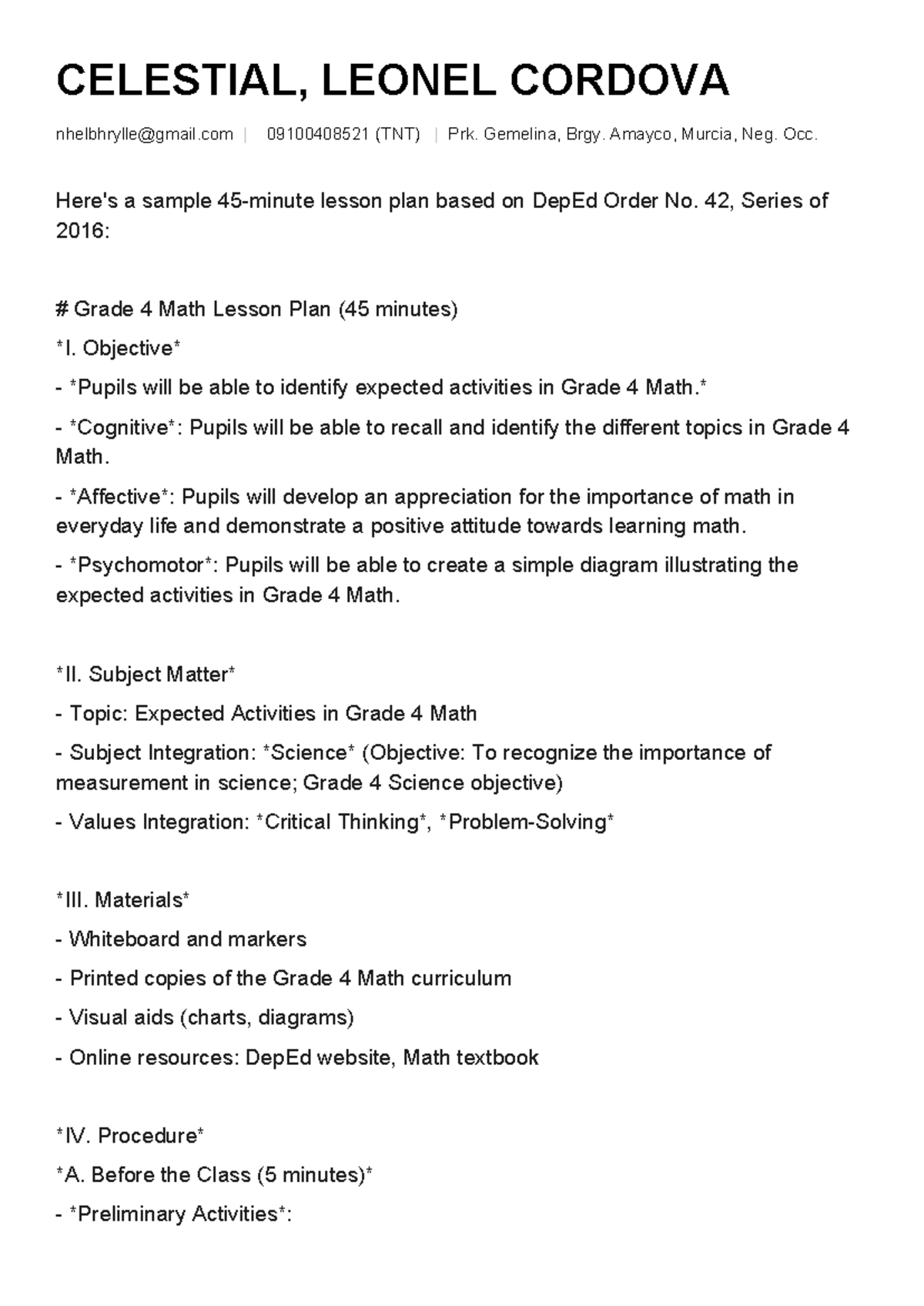 Grade 4 Math Lesson Plan (CELESTIAL) - Angles & Activities - Studocu