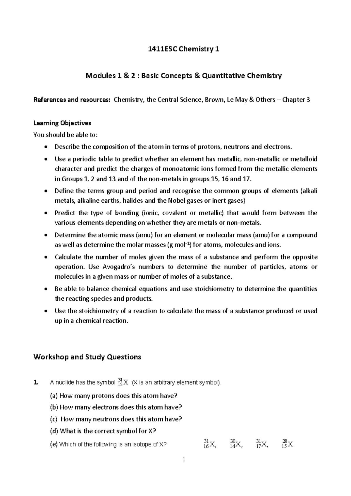 1411ESC Chemistry 1 Workshop Questions: Basic Concepts & Quantitative ...
