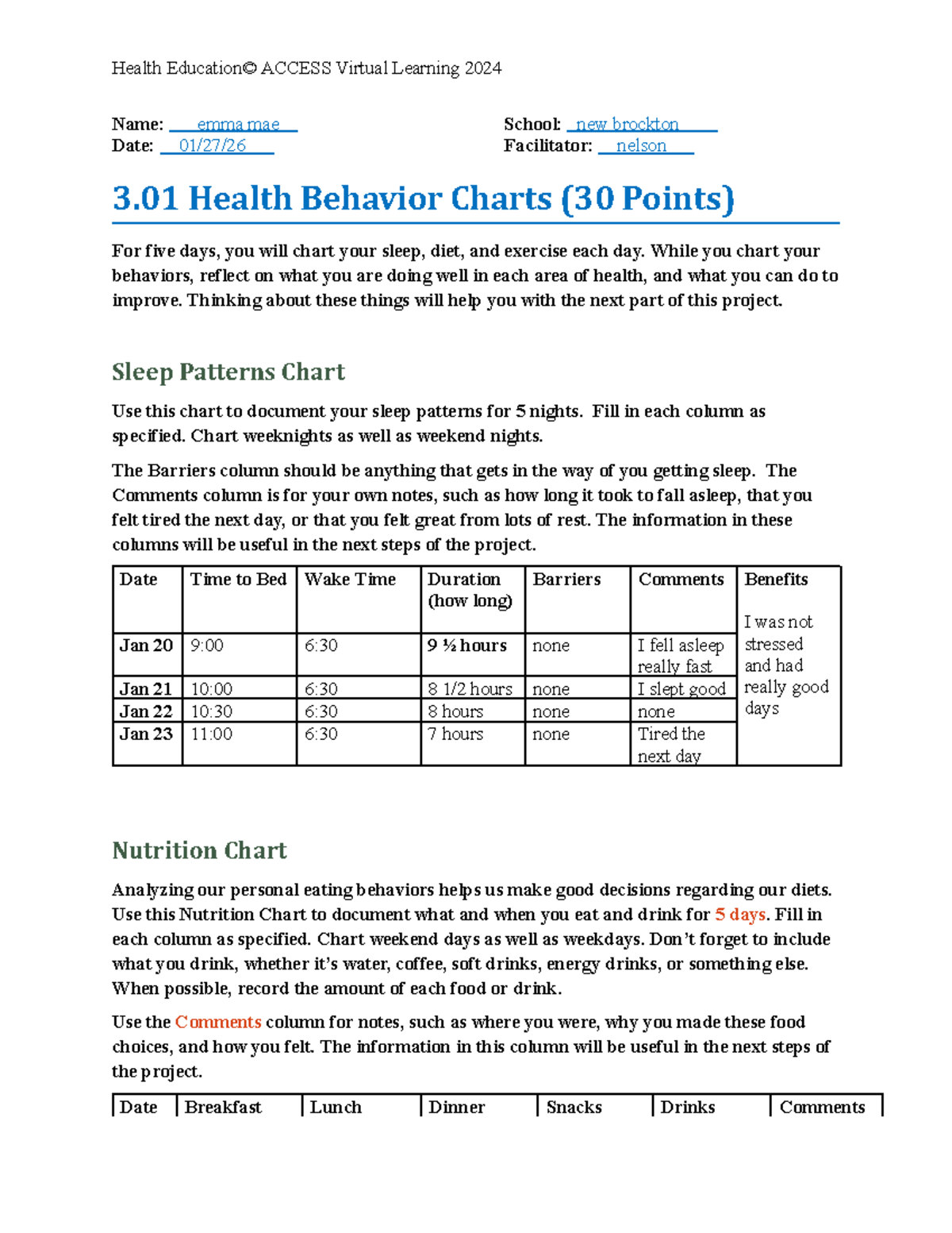 Health ACCESS Virtual Learning 2024: Health Behavior Charts Assignment ...