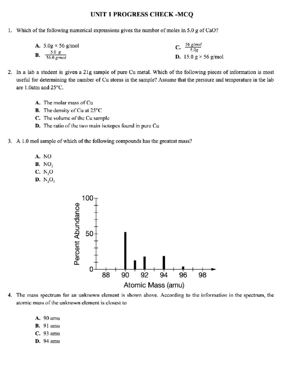UNIT 1 Progress Check - MCQ & FRQ Review for Chemistry Concepts - Studocu