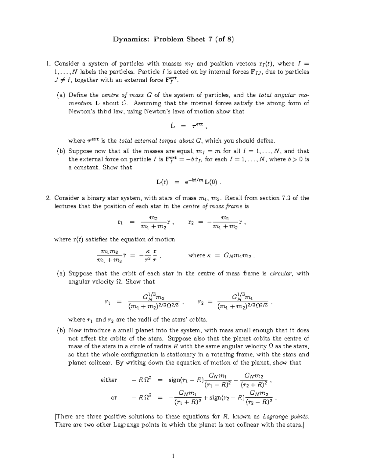 Dynamicsproblems 7 - Dynamics: Problem Sheet 7 (of 8) - Dynamics: Problem Sheet 7 (of 8 ...