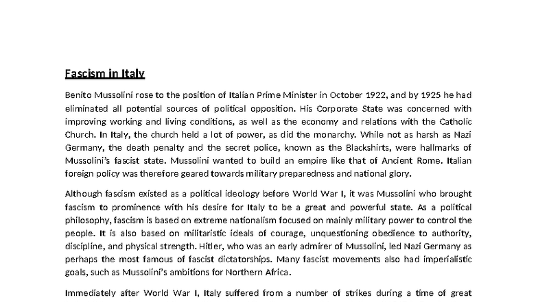 Fascism in Italy: The Rise of Mussolini and His Regime - Studocu