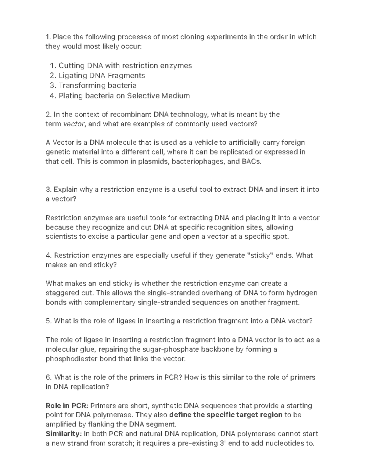 Reading Questions - Notes on Recombinant DNA Technology - Studocu