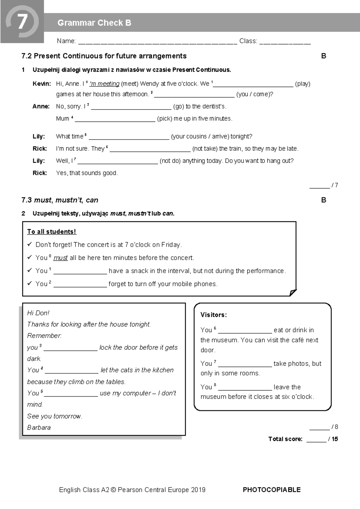 EC A2 Grammar Check 7B - Present Continuous & Must Practice - Studocu
