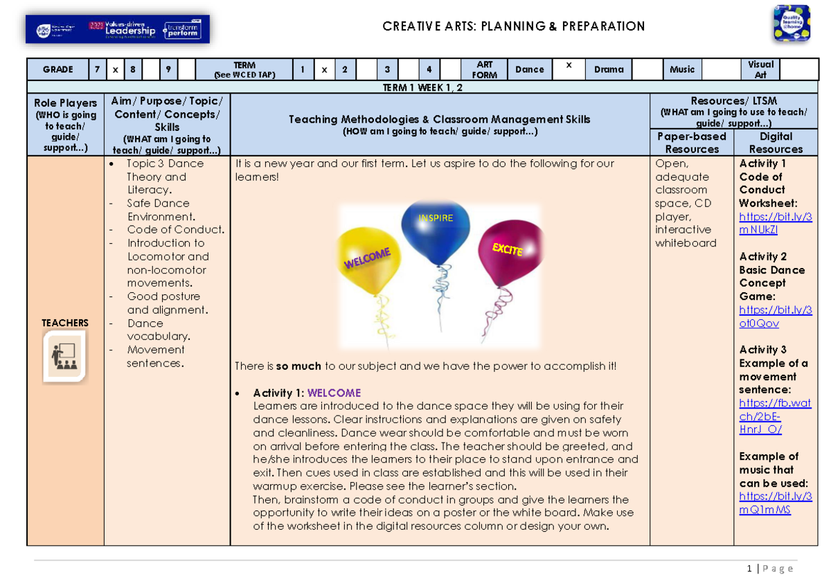 Lesson Plan: Gr 7 Creative Arts Dance T1 W1-2 Activities ...