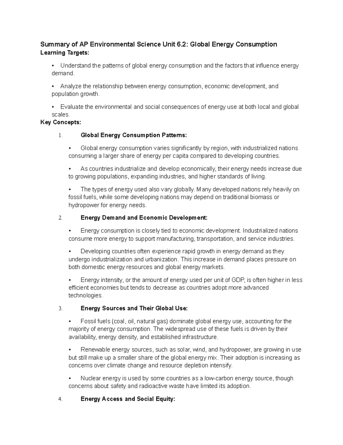 AP Environmental Science Unit 6.2: Global Energy Consumption Notes ...