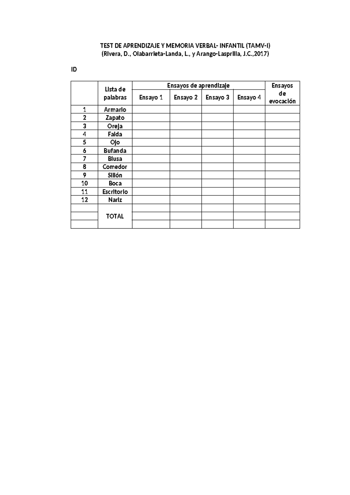 TEST DE APRENDIZAJE Y MEMORIA VERBAL INFANTIL (TAMV-I) - Studocu