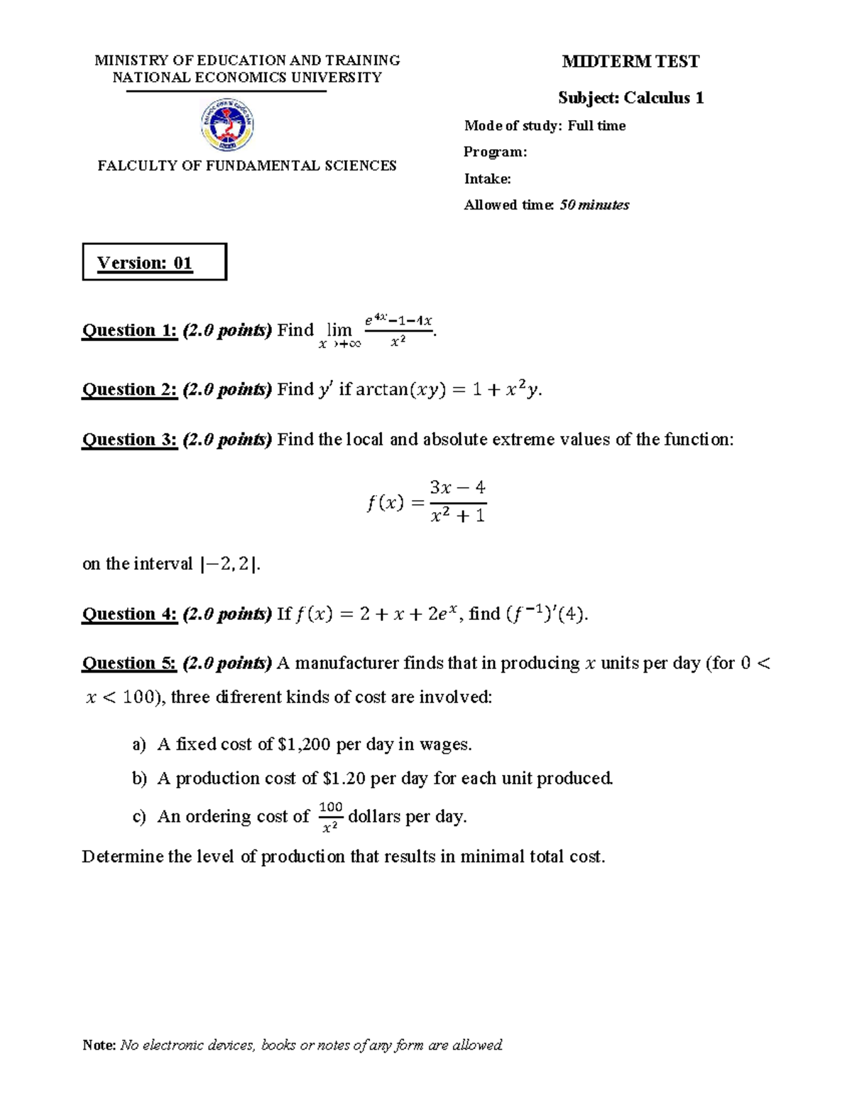 Calculus 1 Midterm Test - Ministry of Education & Training - Studocu