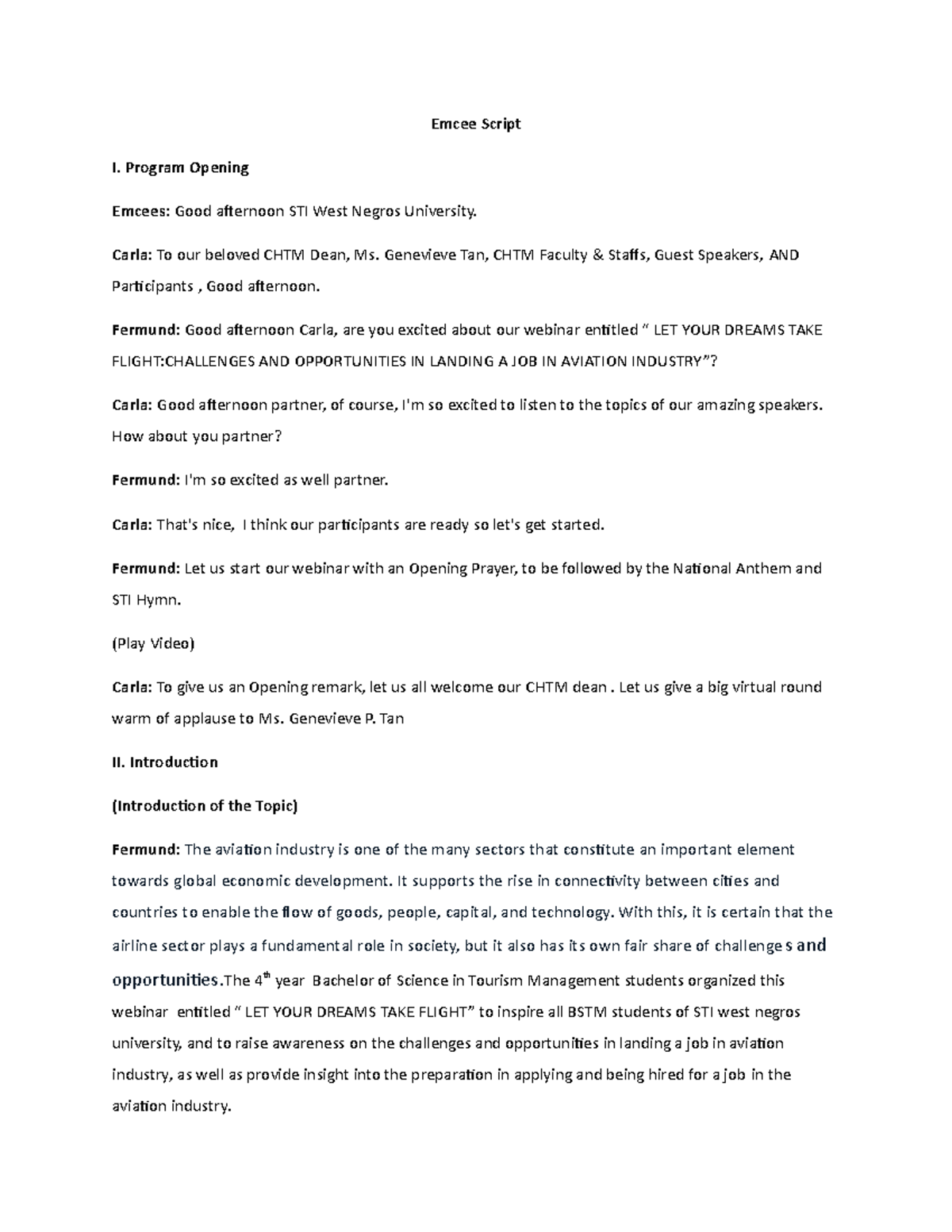 Emcee-Script for Webinar: Let Your Dreams Take Flight - BSTM 4A/B - Studocu