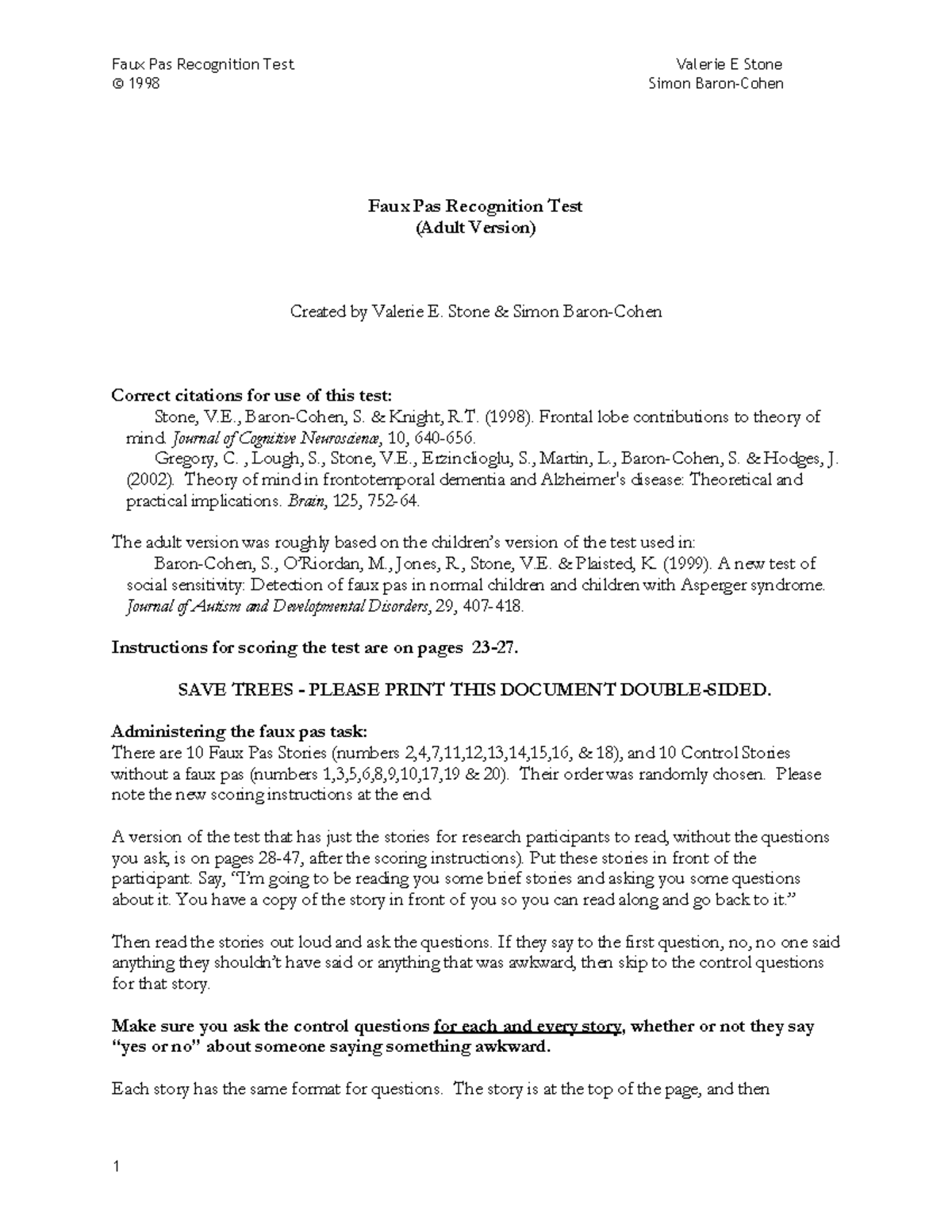 Faux Pas Recognition Test - Adult Version Guide & Instructions ...