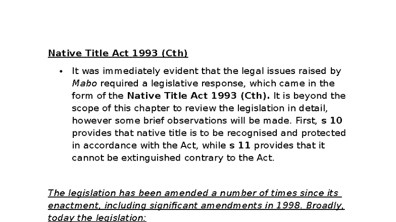 Land Law Notes: Overview of the Native Title Act 1993 (Cth) - Studocu